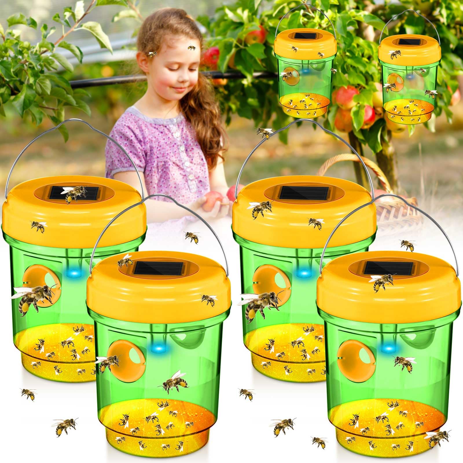 Qualirey 4 Pack Wasp Traps Solar Powered Bee Trap with UV LED Light ...