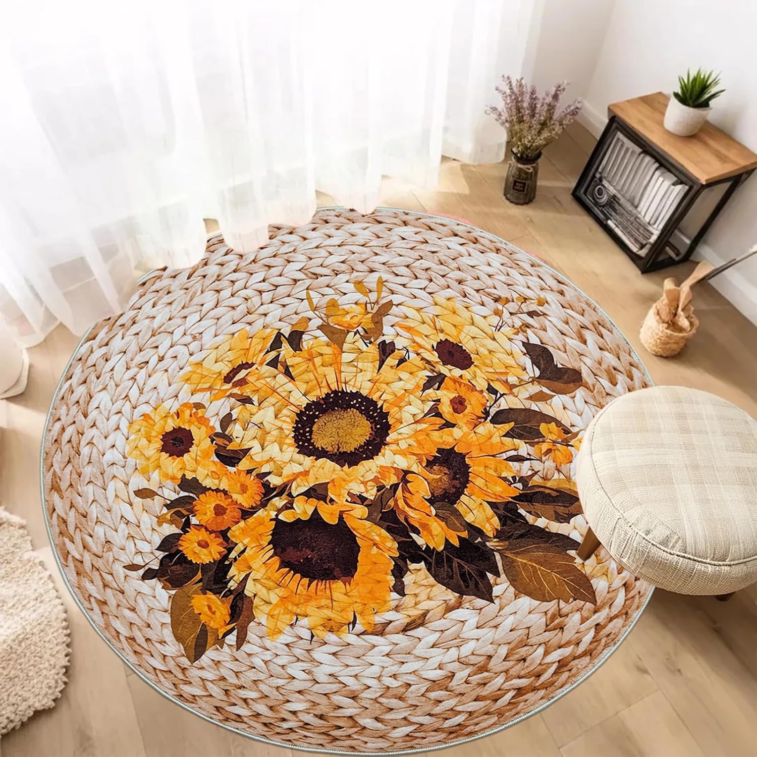 Amazon.com: Lacomfy Floral Rug 4Ft Round Sunflowers Carpet Mat for ...