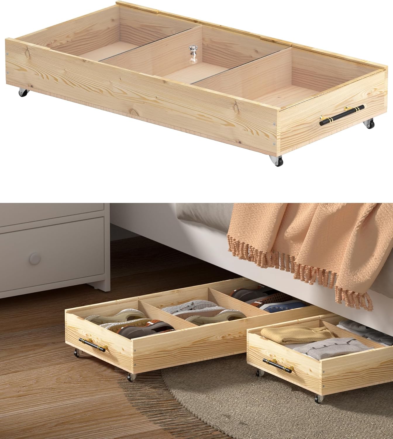 Amazon.com: MIBYLEN 1-Pack Solid Wood Under Bed Storage Drawer with ...