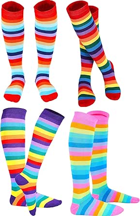 Amazon.com: SATINIOR 4 Pairs Rainbow knee socks Women Colorful Striped ...