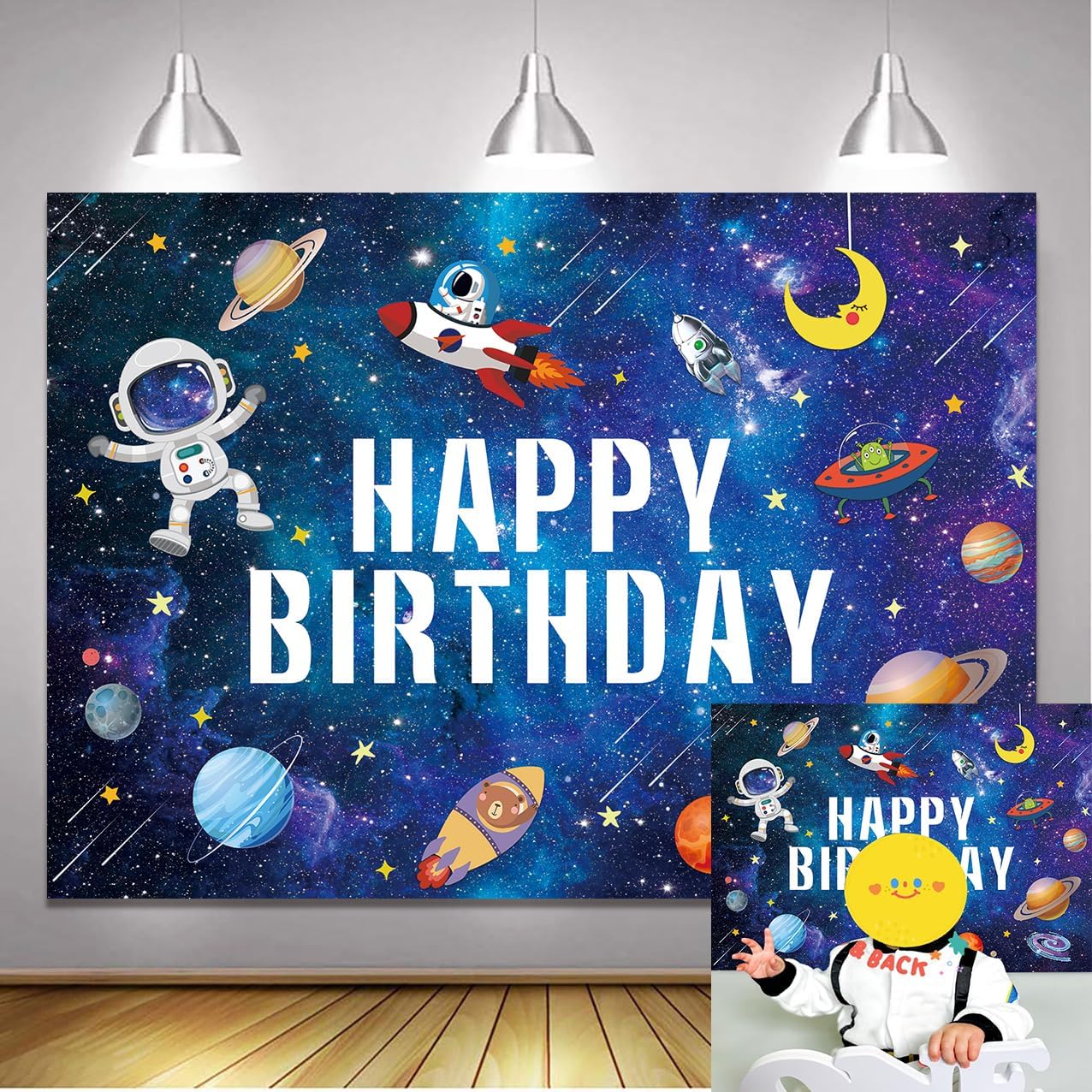 Space Theme Birthday Backdrop Spaceship Astronaut Rocket Outer Space ...