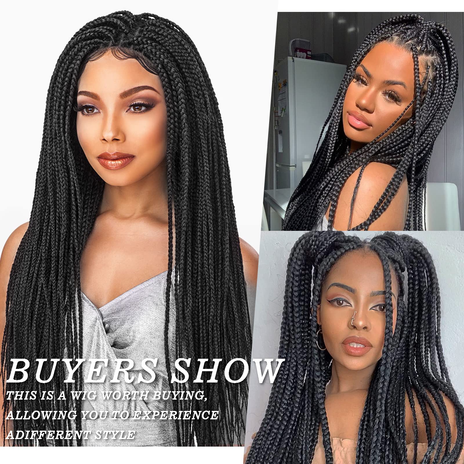WEEWEE Black Knotless Braids Wig 36" Cornrow Braids Full Double Lace ...