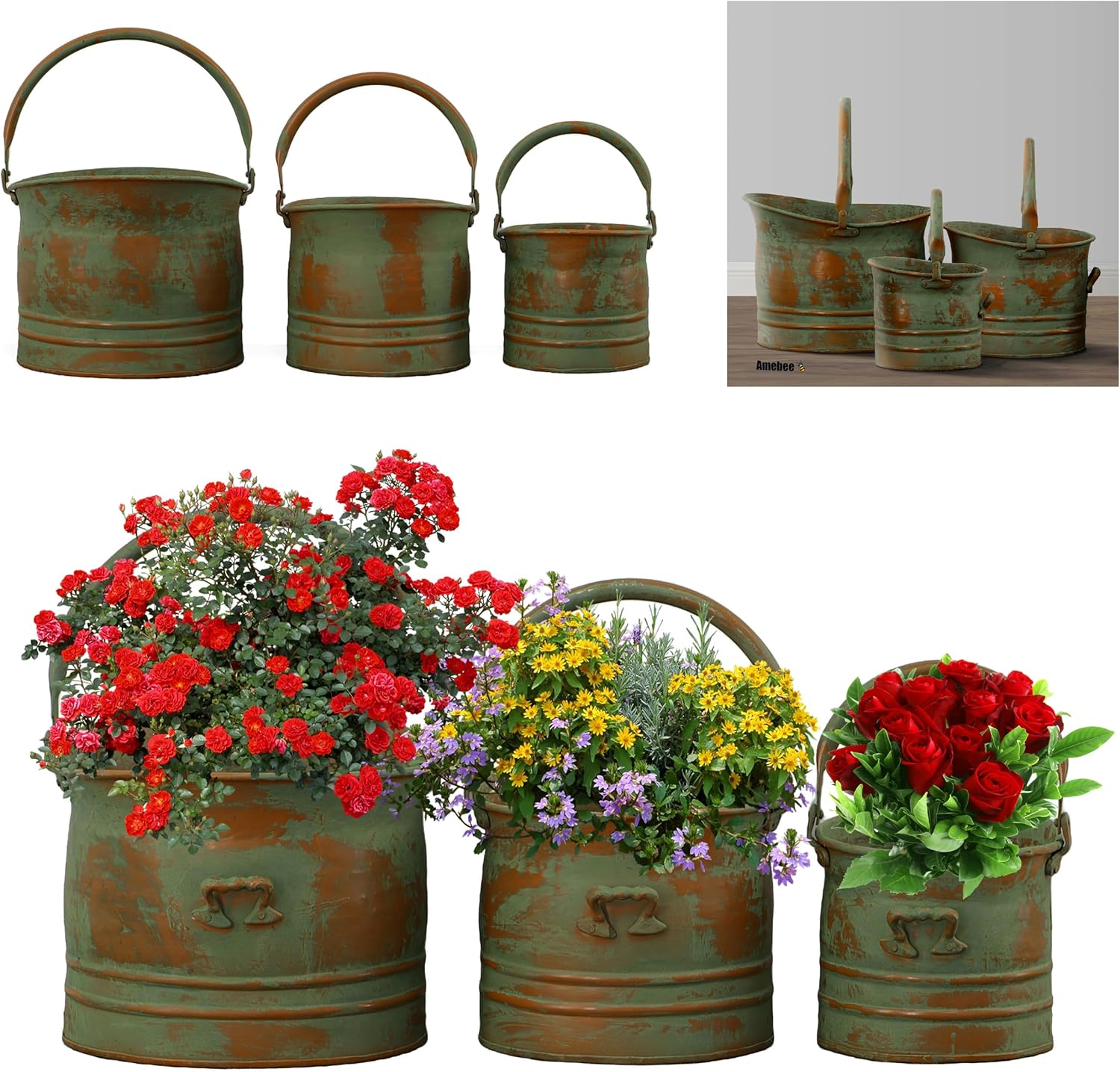 Amazon.com : Amebee Metal Planter Pots Bucket Barrel Round Pots for ...