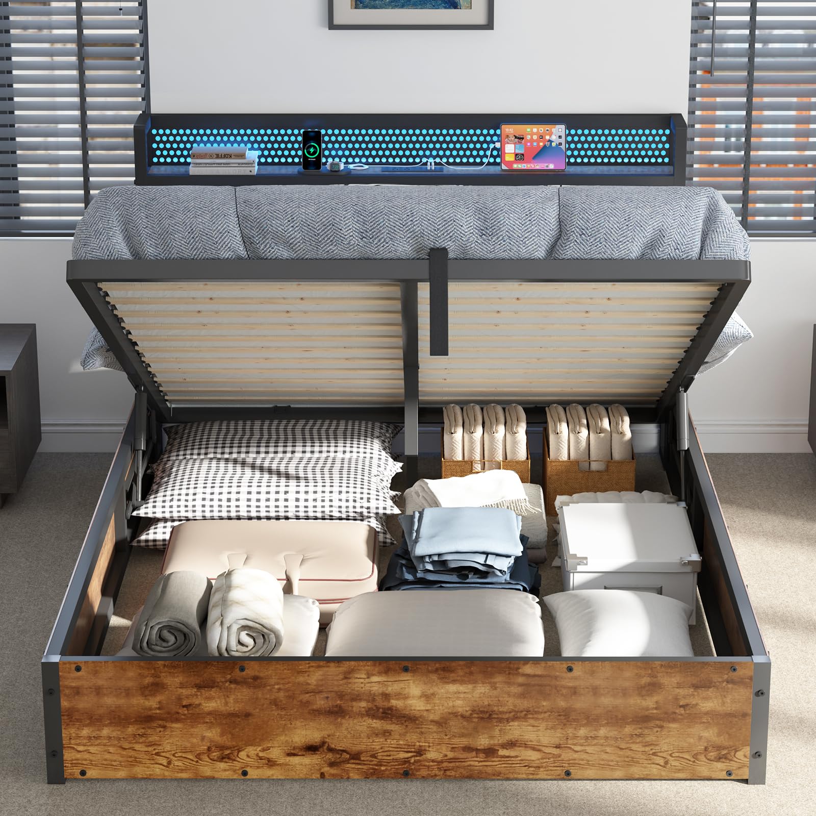 Amazon.com: AMERLIFE Queen Size Lift Up Bed Frame with Linen ...