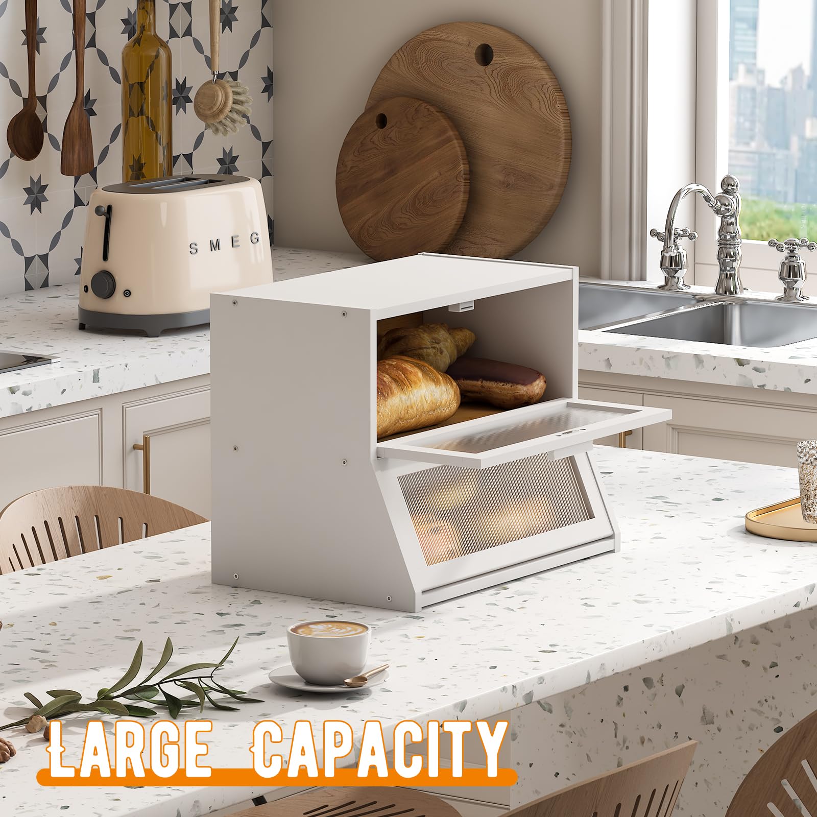 Kitchen Storage Organization Bamboo Bread Box With Wavy Door ...