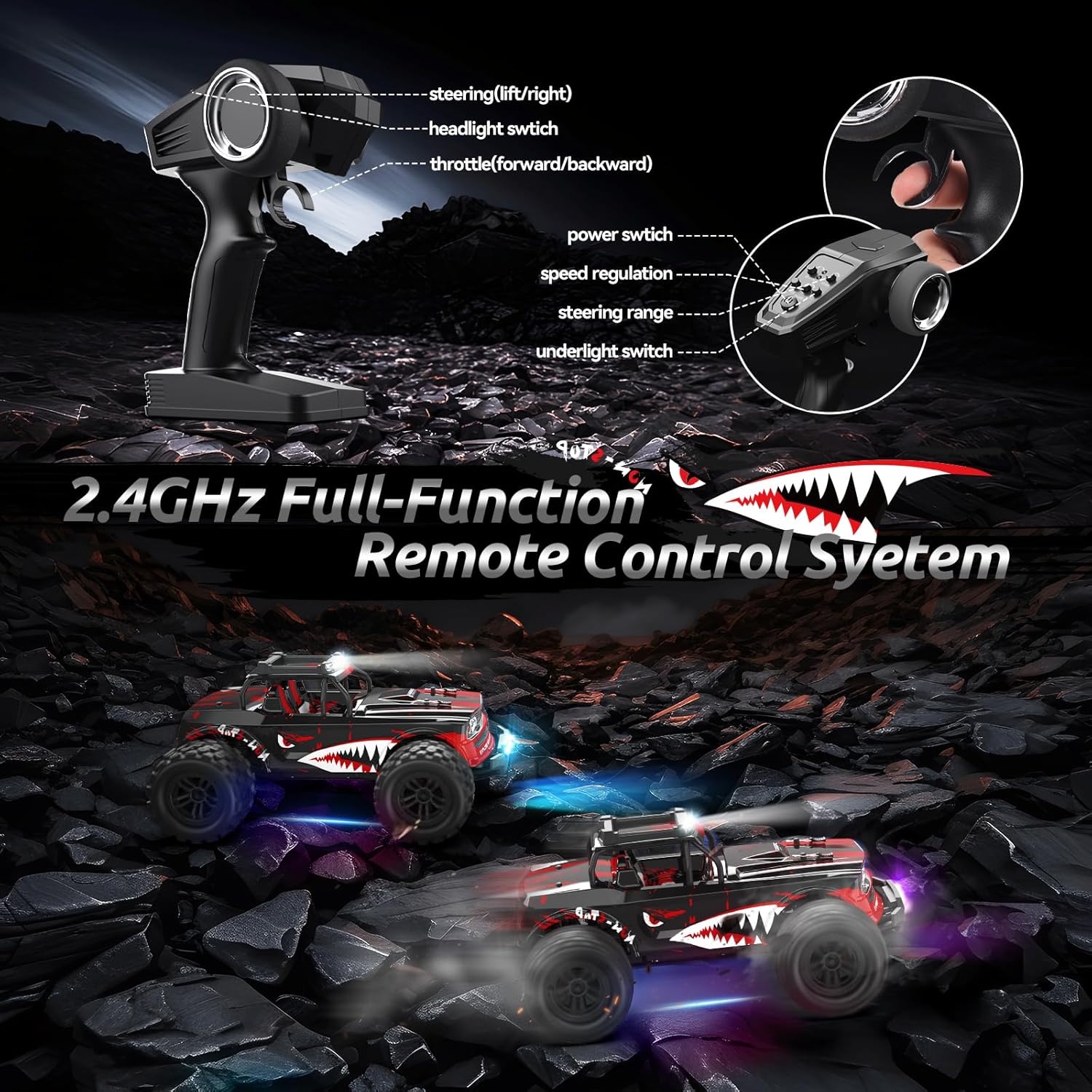 DEERC Autos RC rápidos 114 con luces LED coloridas, auto de control remoto de tiburón de alta ...