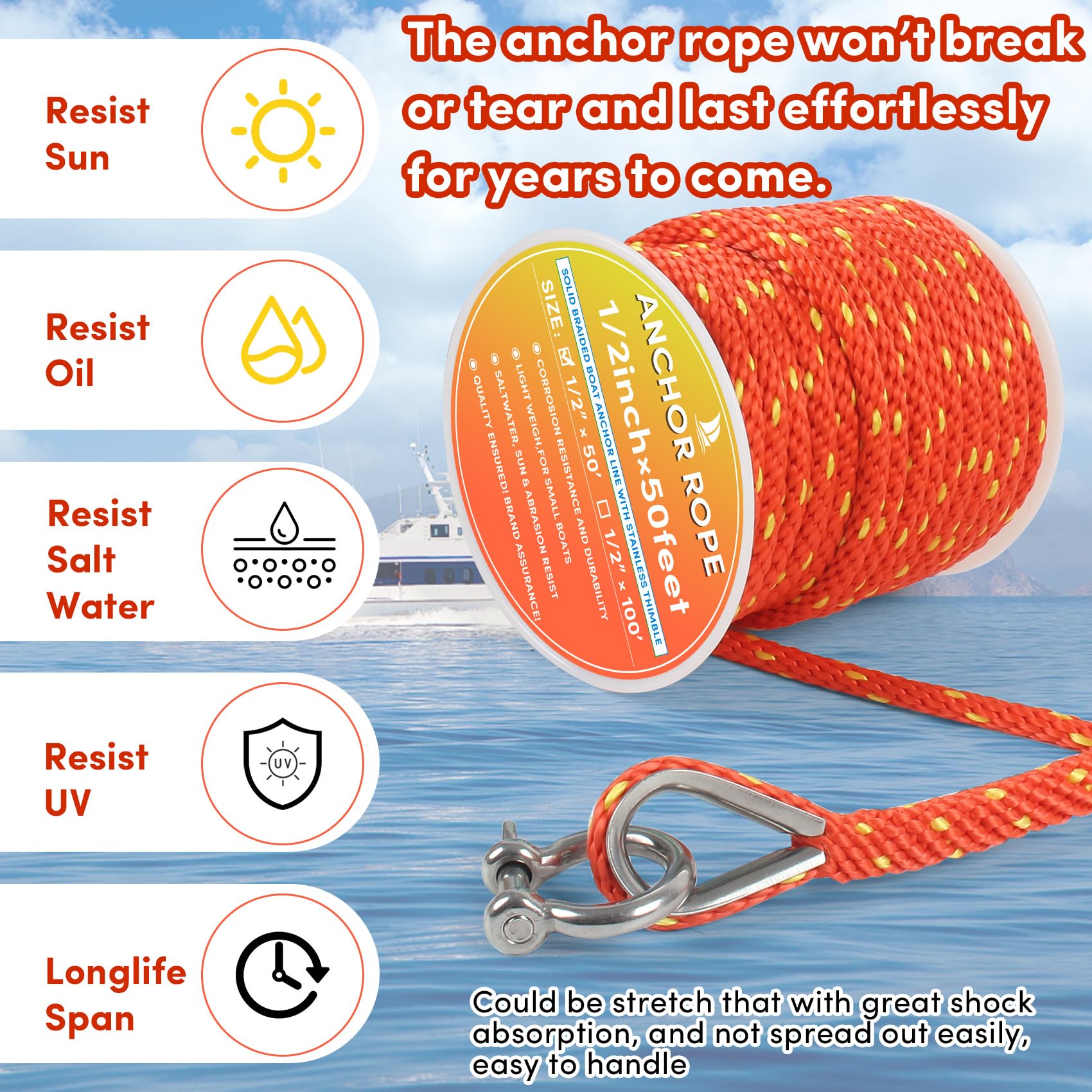 Snapklik.com : Premium Anchor Rope 50 Ft X 1/2 Inch, Solid Braid MFP ...