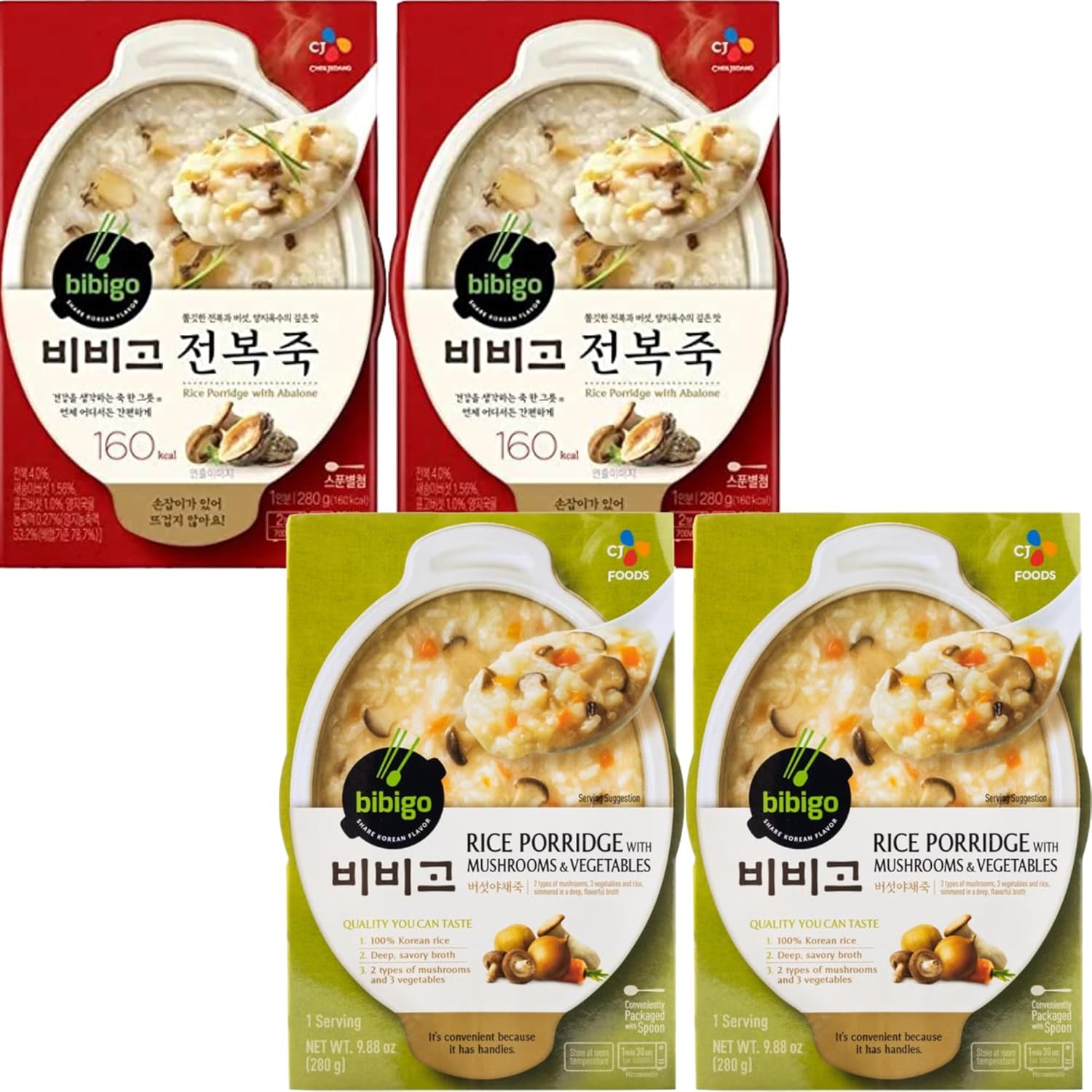 Amazon.com : Bibigo Korean Rice Porridge Instant Ready Meal Combo Pack - 2 Abalone, 2 Mushroom ...