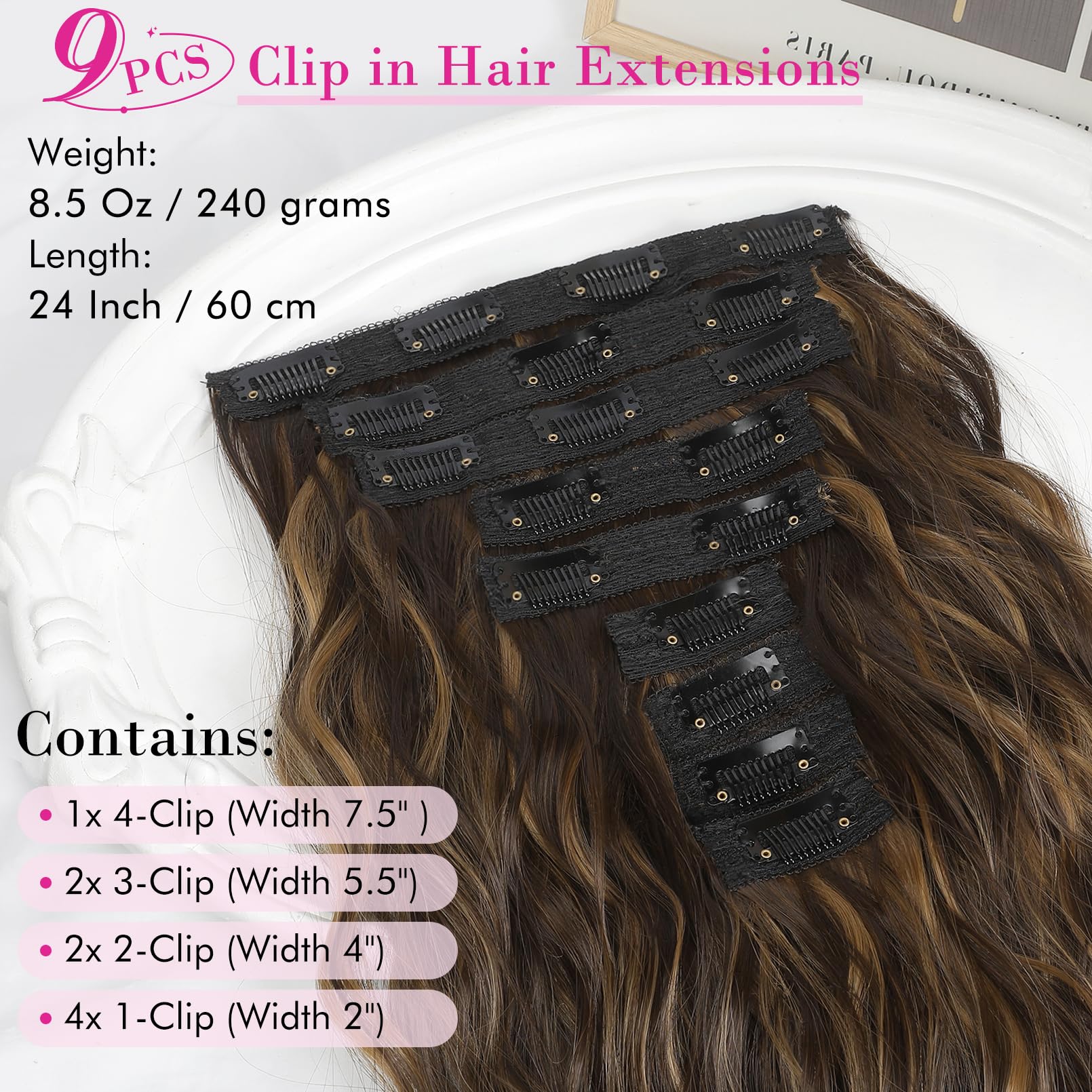 REECHO 9PCS Clip in Hair Extensions, 24" Thick Long Mini Mermaid Wave ...
