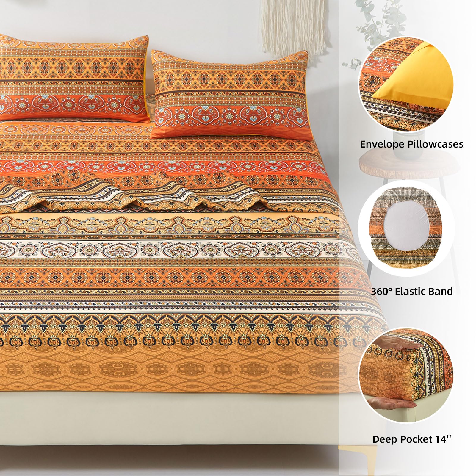 Boho Orange Sheets Set Queen Size(4 PCS) Colorful Bohemian Striped ...