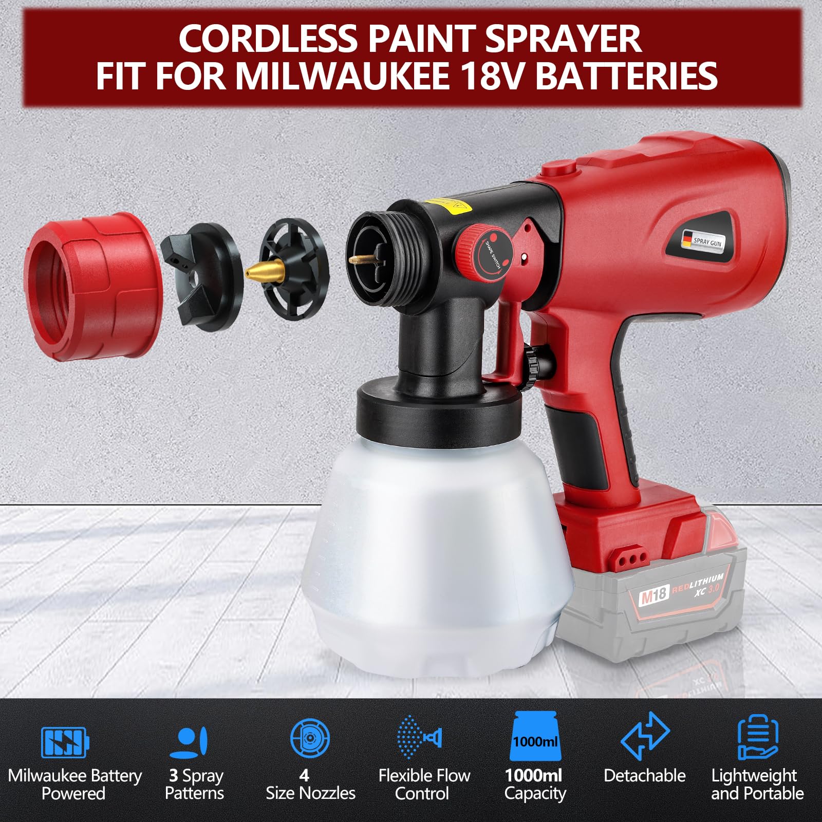 RUITTEFOUM Cordless Paint Sprayer for 18V Milwaukee M18 Battery, HVLP ...