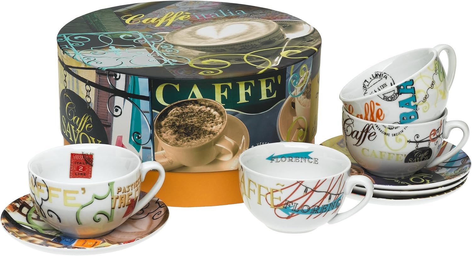 Amazon.com | Rosanna Caffe Italia Set of 4 Latte Cups and Saucers, Gift ...