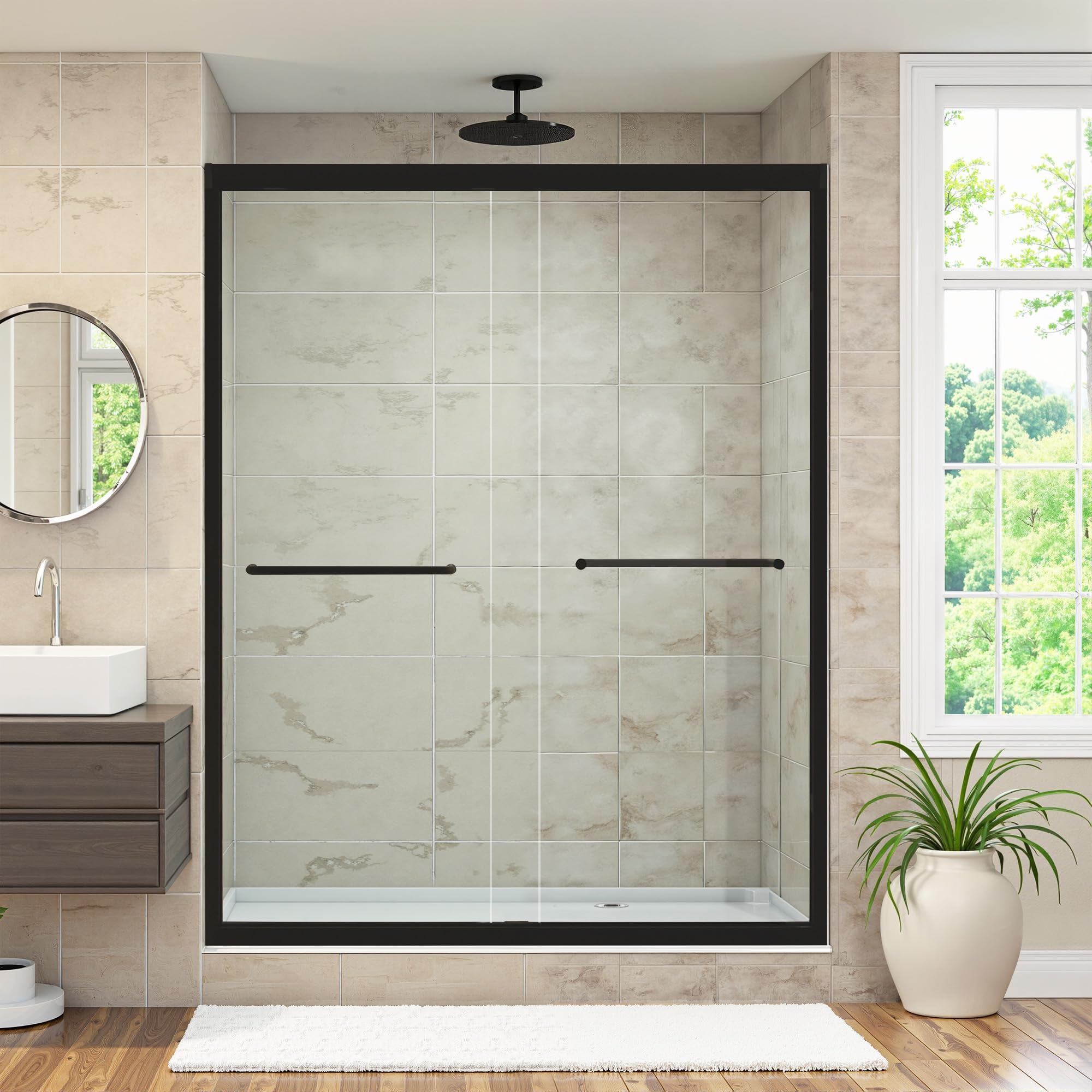 Matte Black Double Sliding Shower Door, 56-60" W x 70" H Framed Shower ...