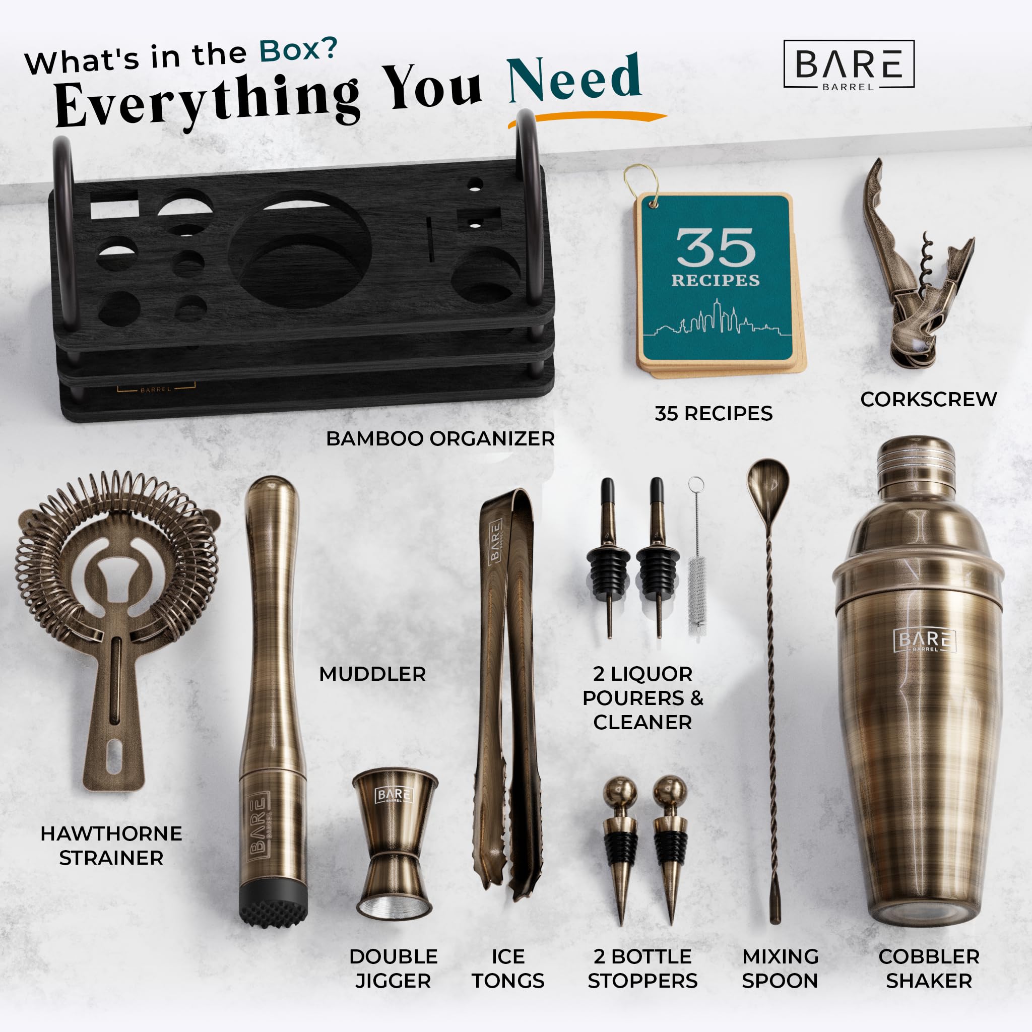 BARE BARREL Martini Cocktail Making Kit | 14-Piece Bartender Kit ...