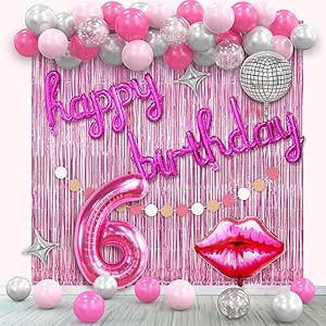 Amazon.com: 6th Birthday Birthday Decorations for Girls , Hot Pink Happy 6 Years Old Party ...