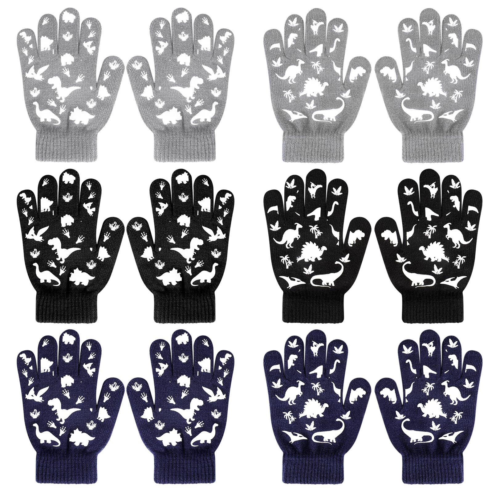 QKURT 6 Pair Kids Gloves, Children Dinosaurs Gloves Winter Thermal ...