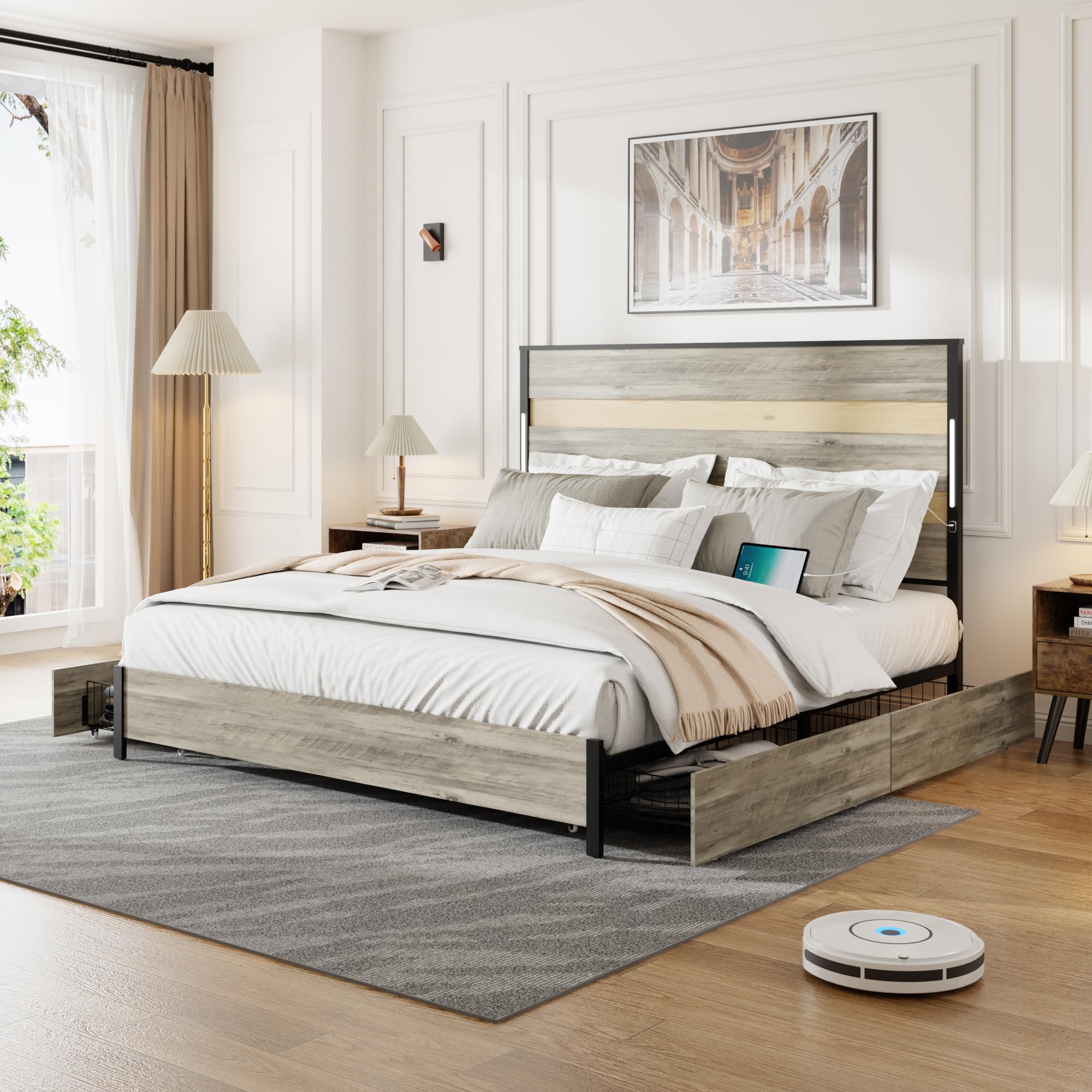 Amazon.com: SAMTRA King Size Storage Bed Frame with Tall Headboard & 4 ...