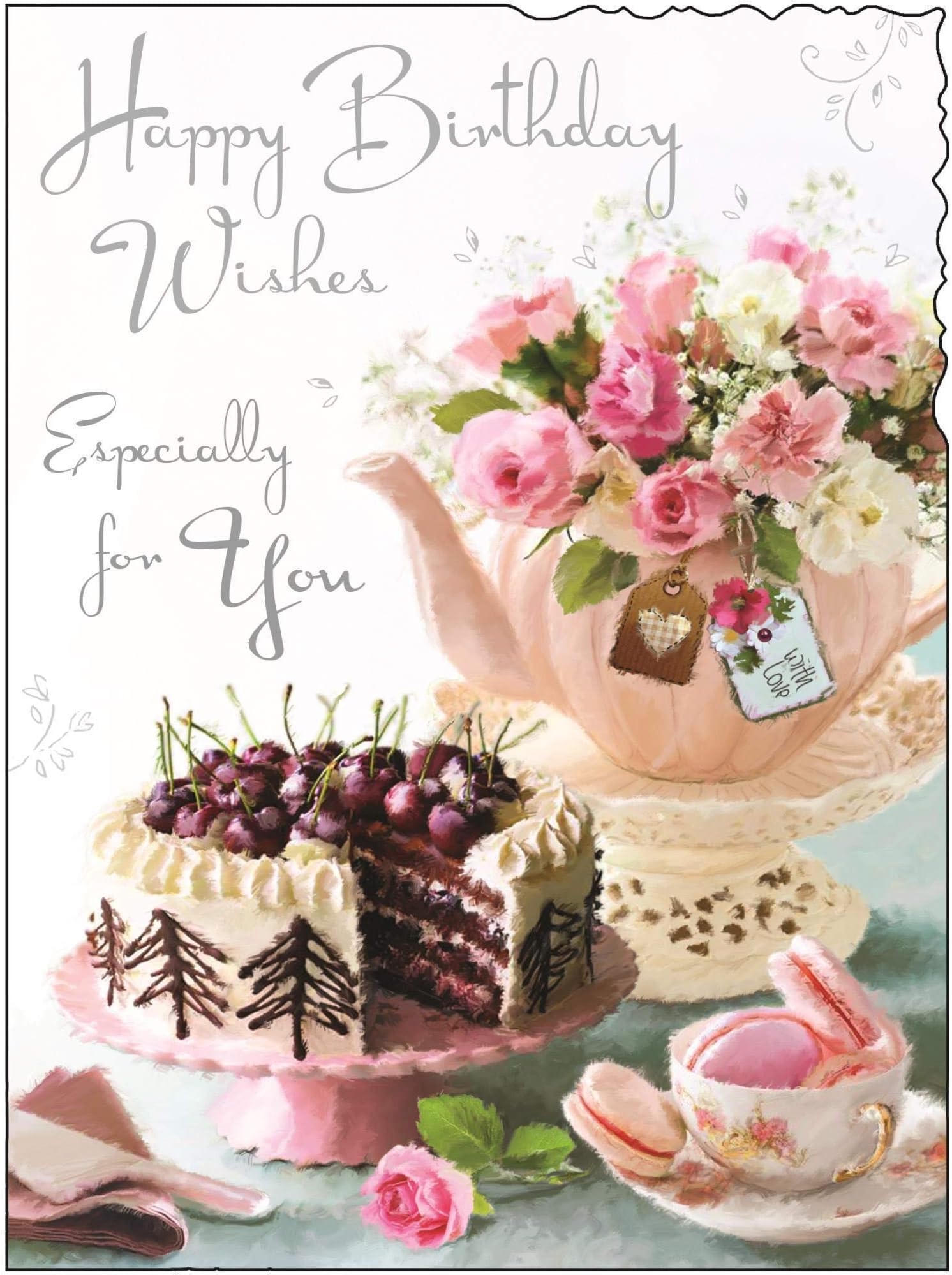 Greeting Card (JJ4436) Female Birthday - Pink Teapot and Cake - Foil ...