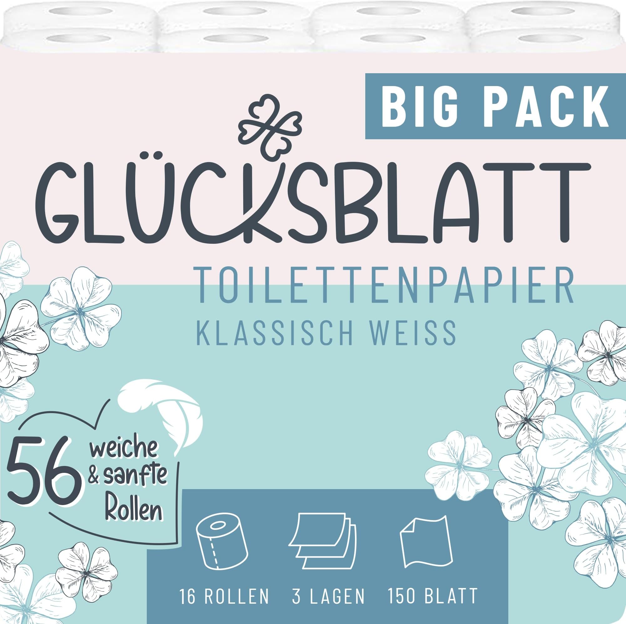 Glücksblatt Toilettenpapier KLASSISCH WEISS, 3-lagig, 56 Rollen x 150 ...