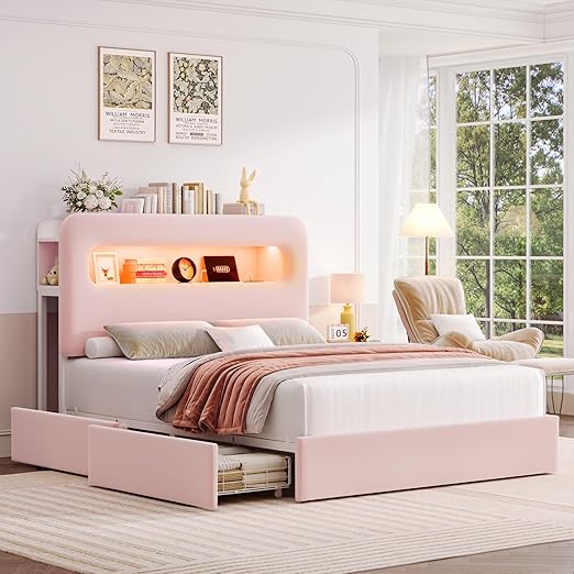 Amazon.com: HOSTACK Queen LED Bed Frame with Storage Headboard and ...