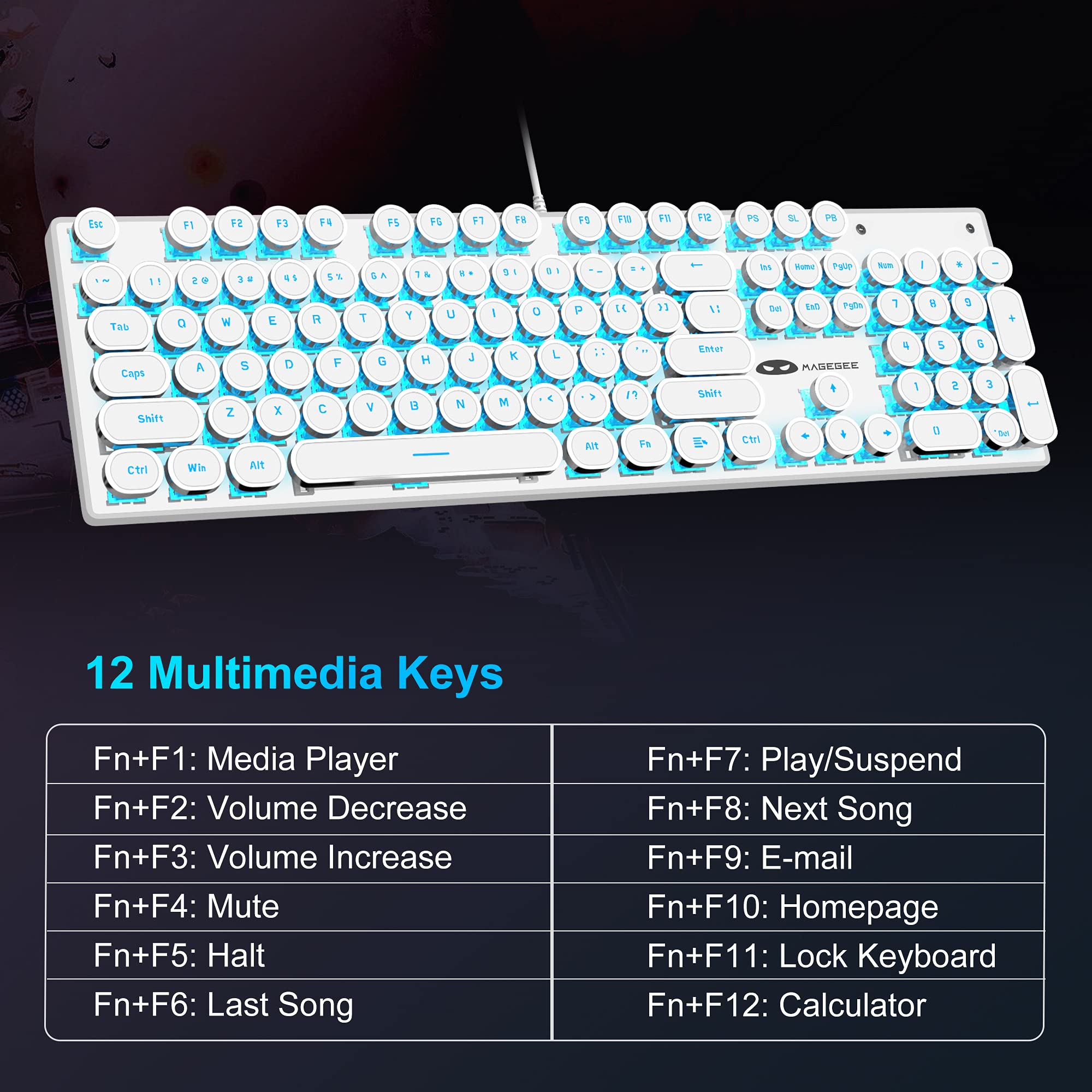 Typewriter Style Mechanical Gaming Keyboard, White Retro Punk Gaming ...