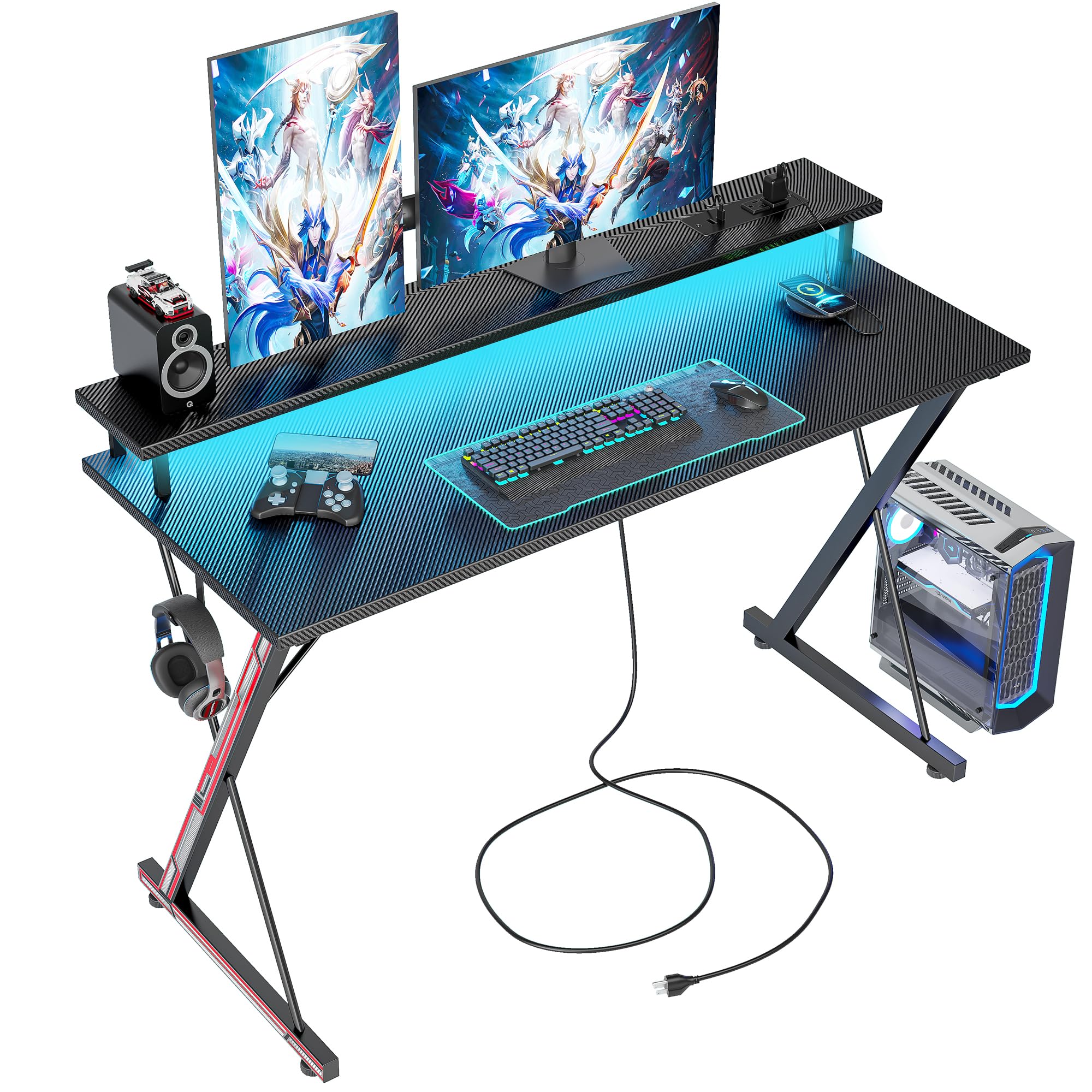 Amazon.com: TIQLAB Gaming Desk with Power Outlets & LED 47 Inch ...