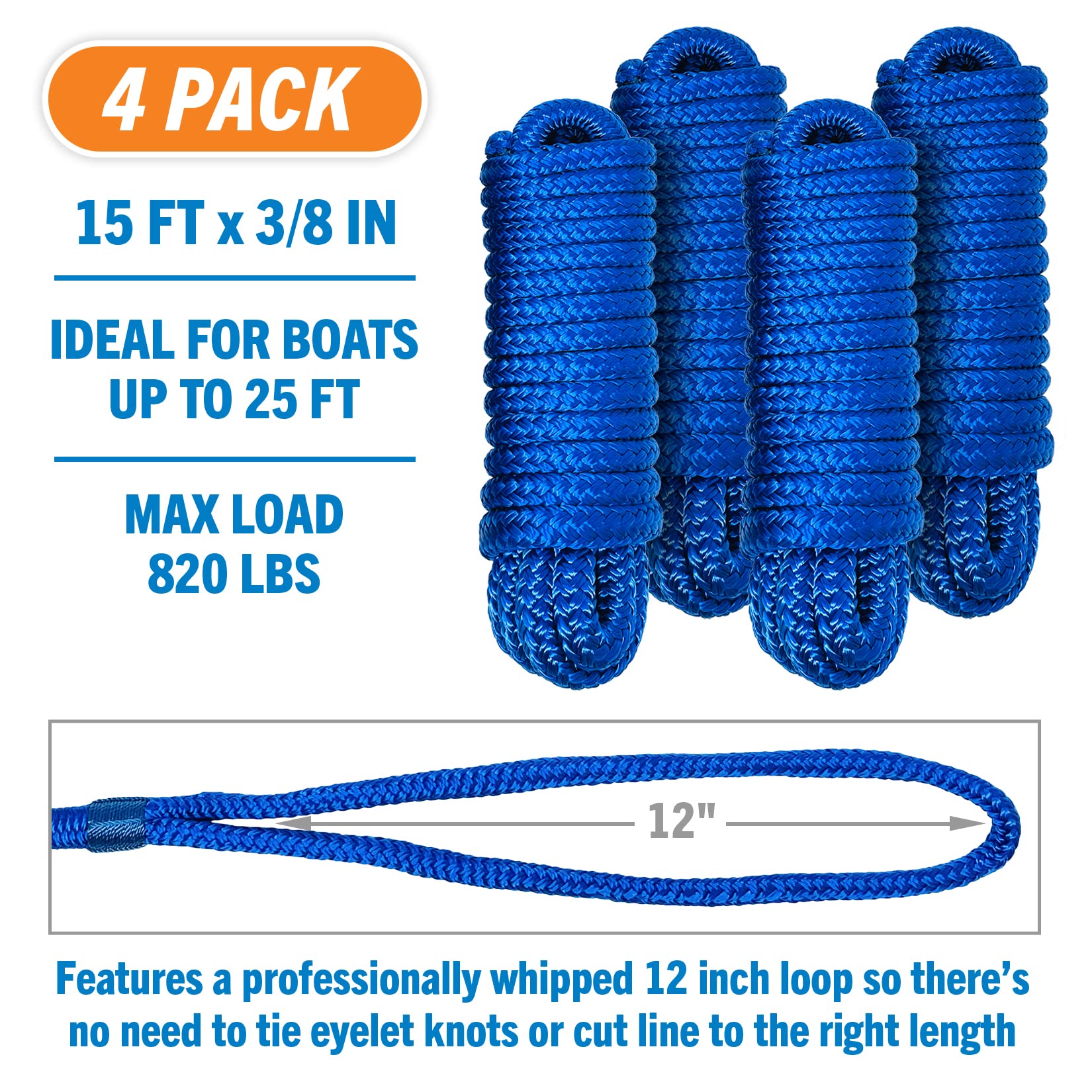 Snapklik.com : Dock Lines Boat Ropes For Docking, 3/8" Double Braided ...
