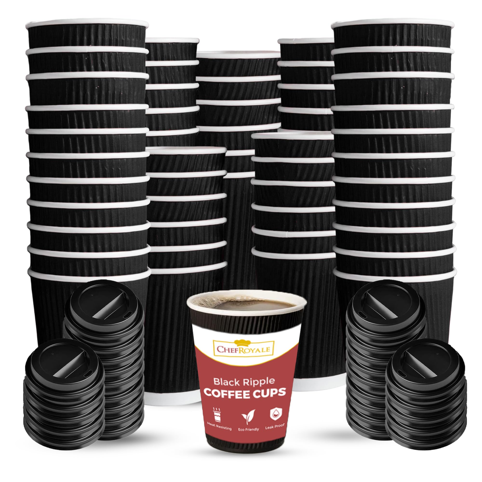 CHEF ROYALE 100x 8oz Black Ripple Disposable Coffee Cups with Lids ...