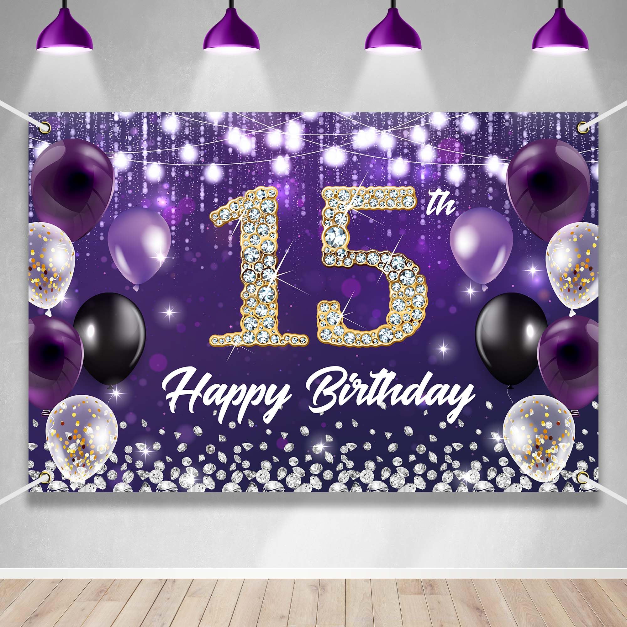 Amazon.com : Large Happy 15th Birthday Backdrop Banner Purple Theme ...