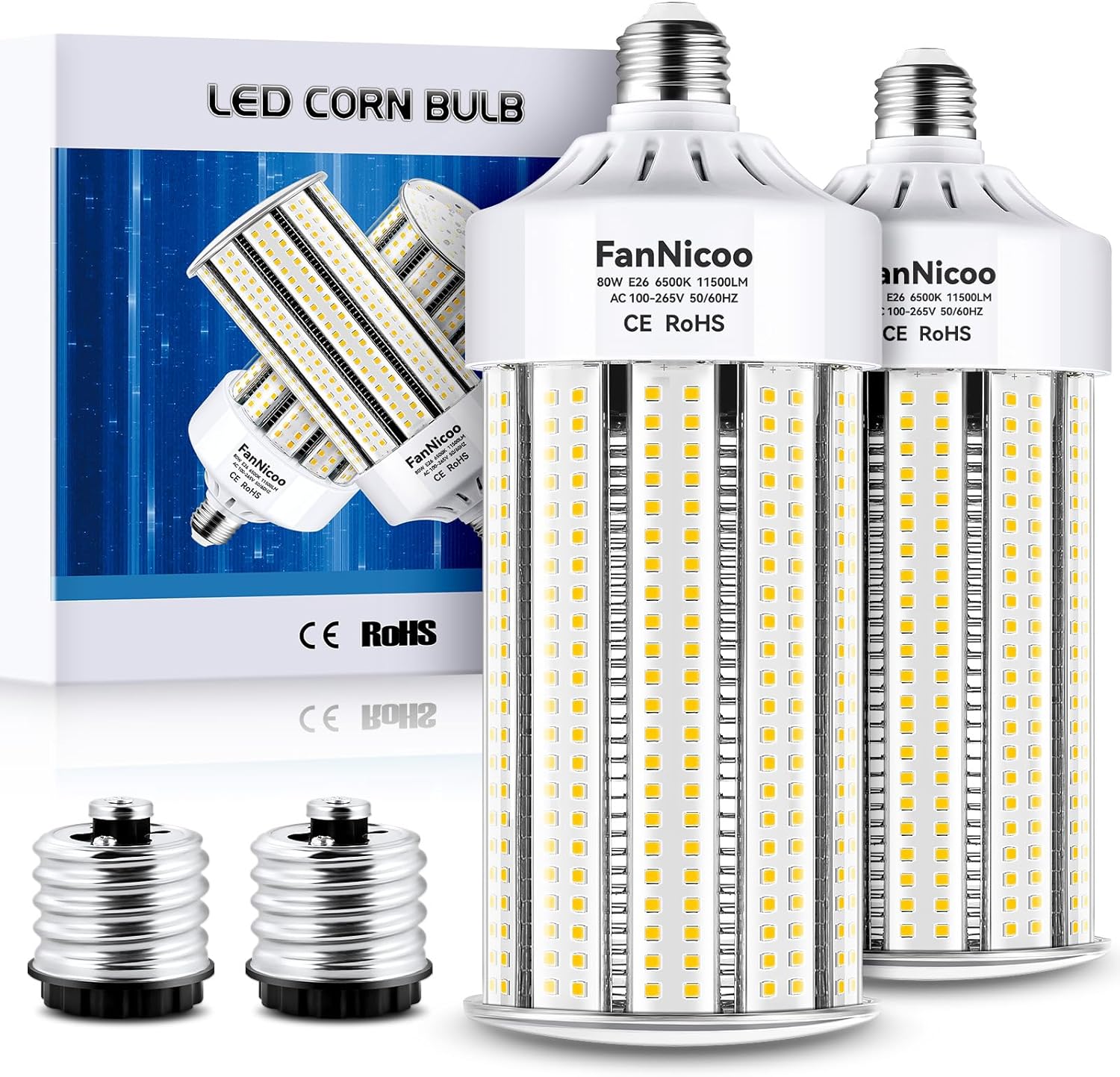 2 Pack 1000W Equivalent Led Corn Bulb Super Bright 11500 Lumen 6500K ...