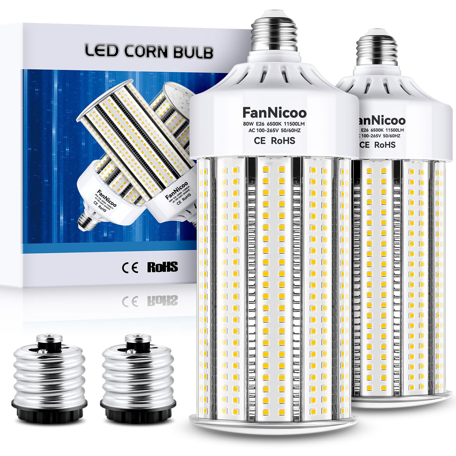 2 Pack 1000W Equivalent Led Corn Bulb Super Bright 11500 Lumen 6500K ...