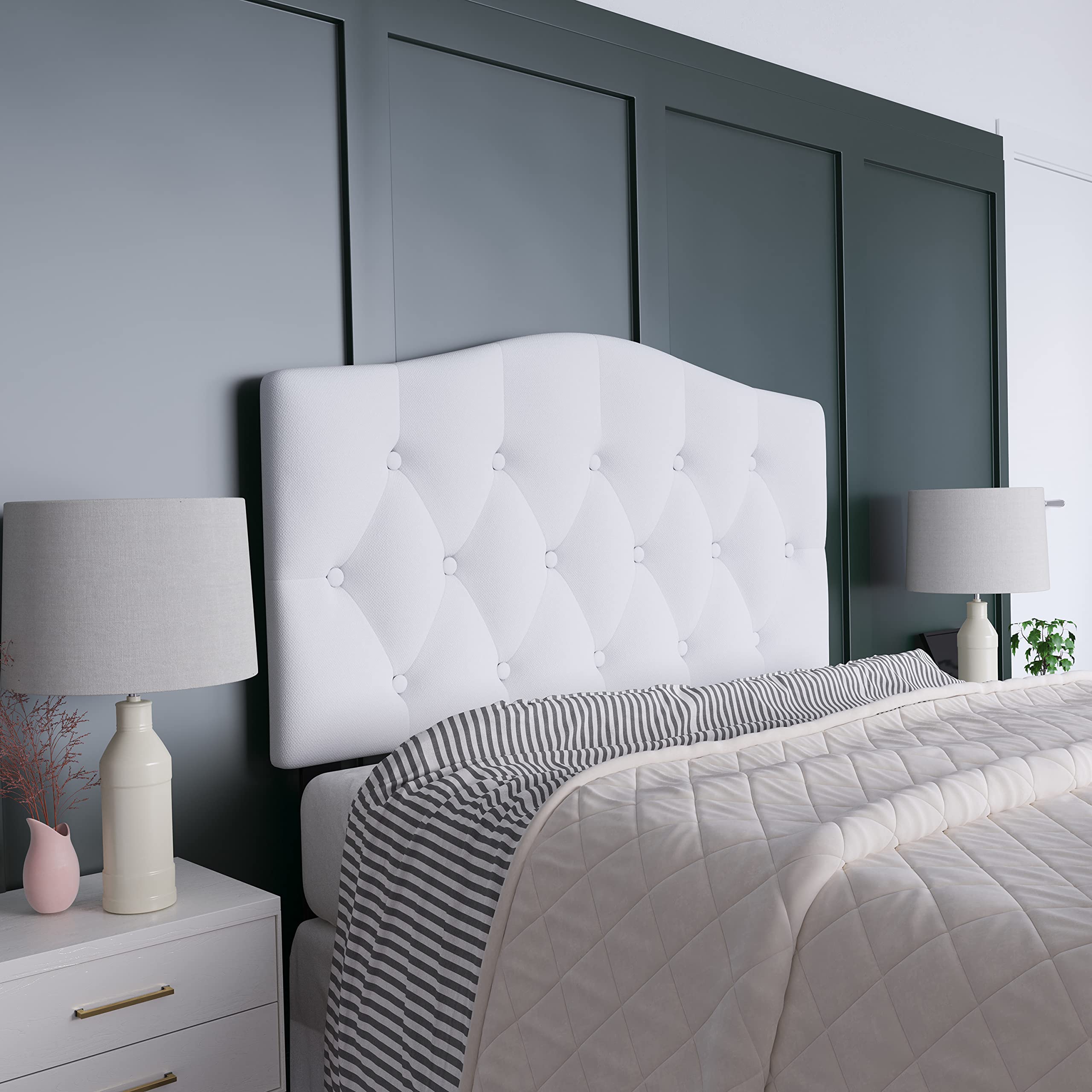 Snapklik.com : Tufted Upholstered Full Size Headboard In White Fabric