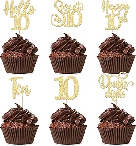 36Pcs Happy 10th Birthday Cupcake Toppers Glitter Double Digits Hello ...