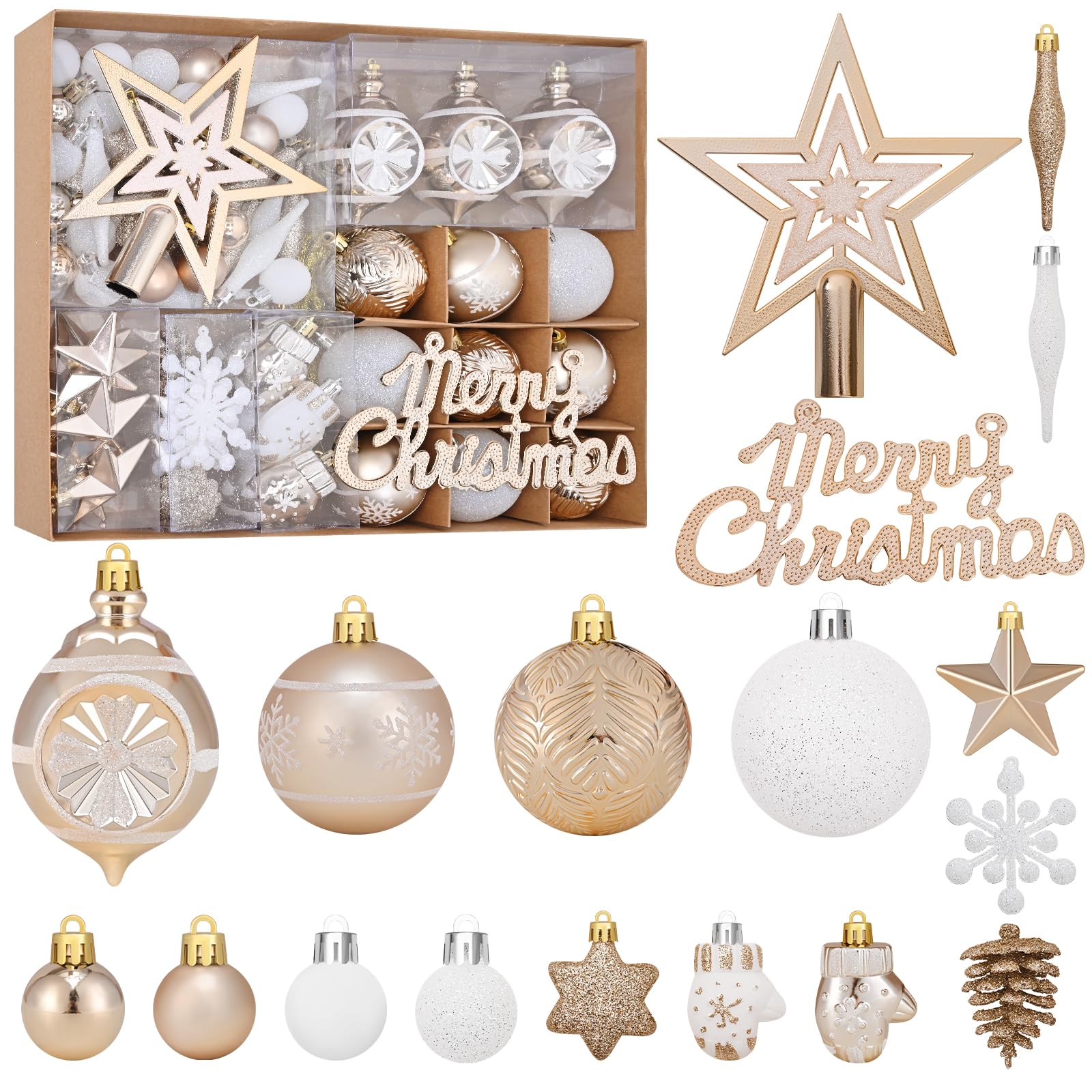 Amazon.com: 71 Pcs Christmas Tree Ornaments Set, Champagne White ...