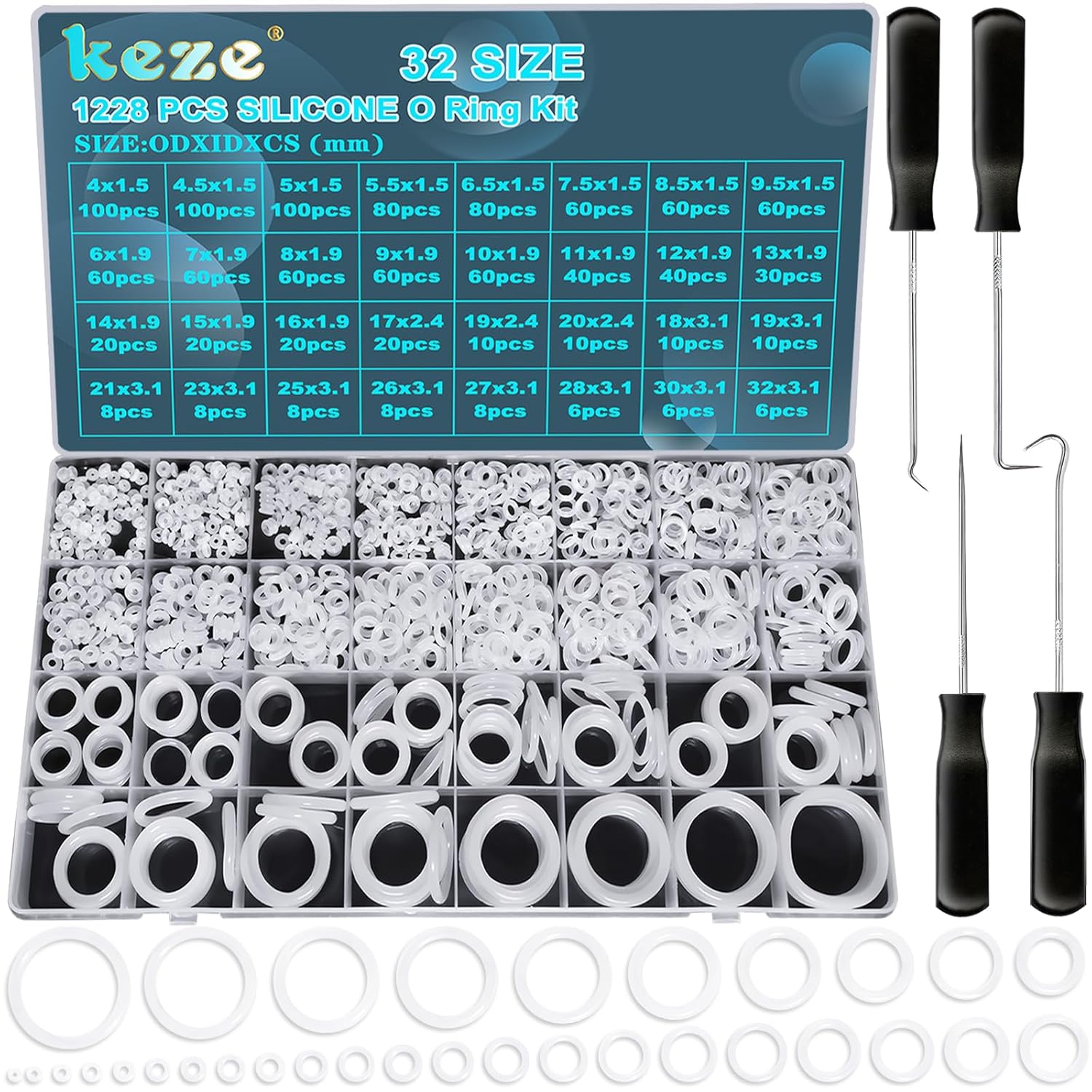 KEZE 1228 Pcs 32 Size Clear Food Grade Silicone O Rings Assortment Kit with Pick and Hook,White ...