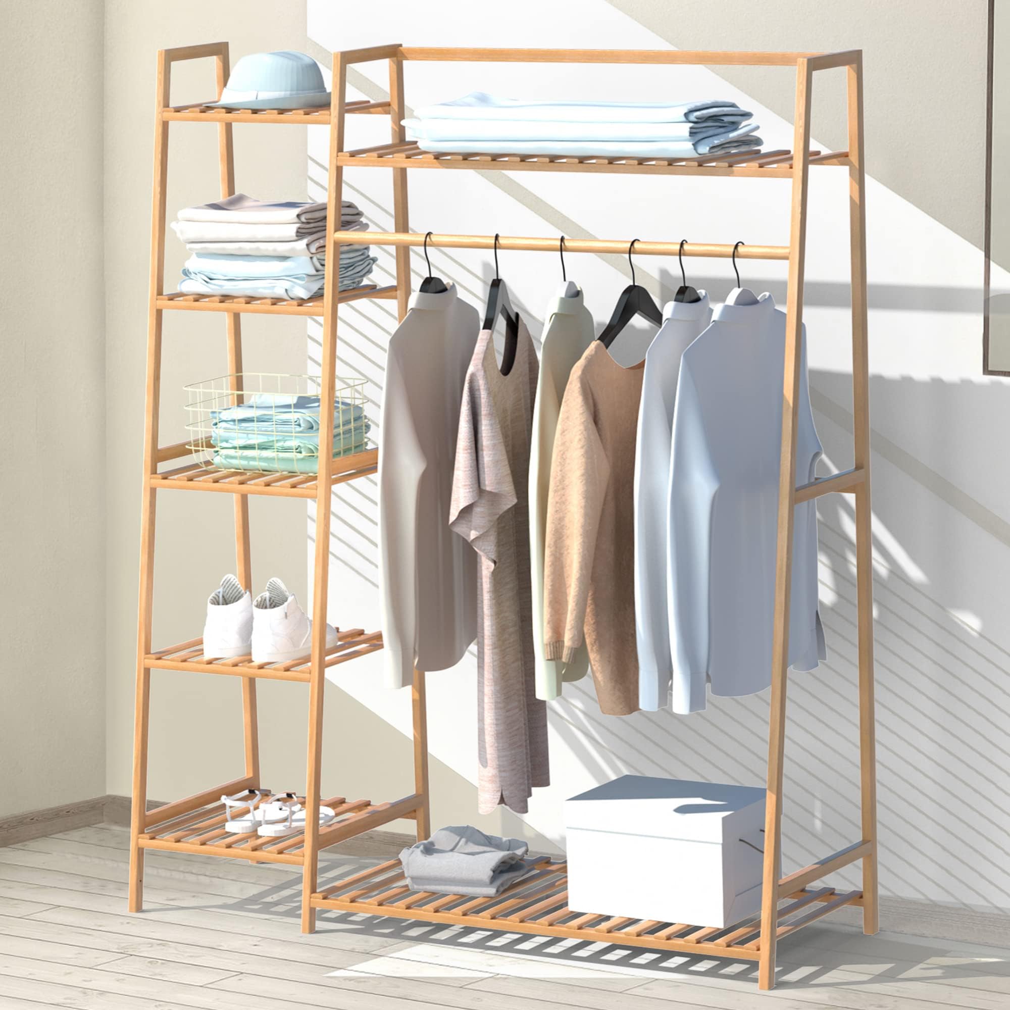Amazon.com: MoNiBloom Bamboo Clothes Rack with Double Rods and Storage ...