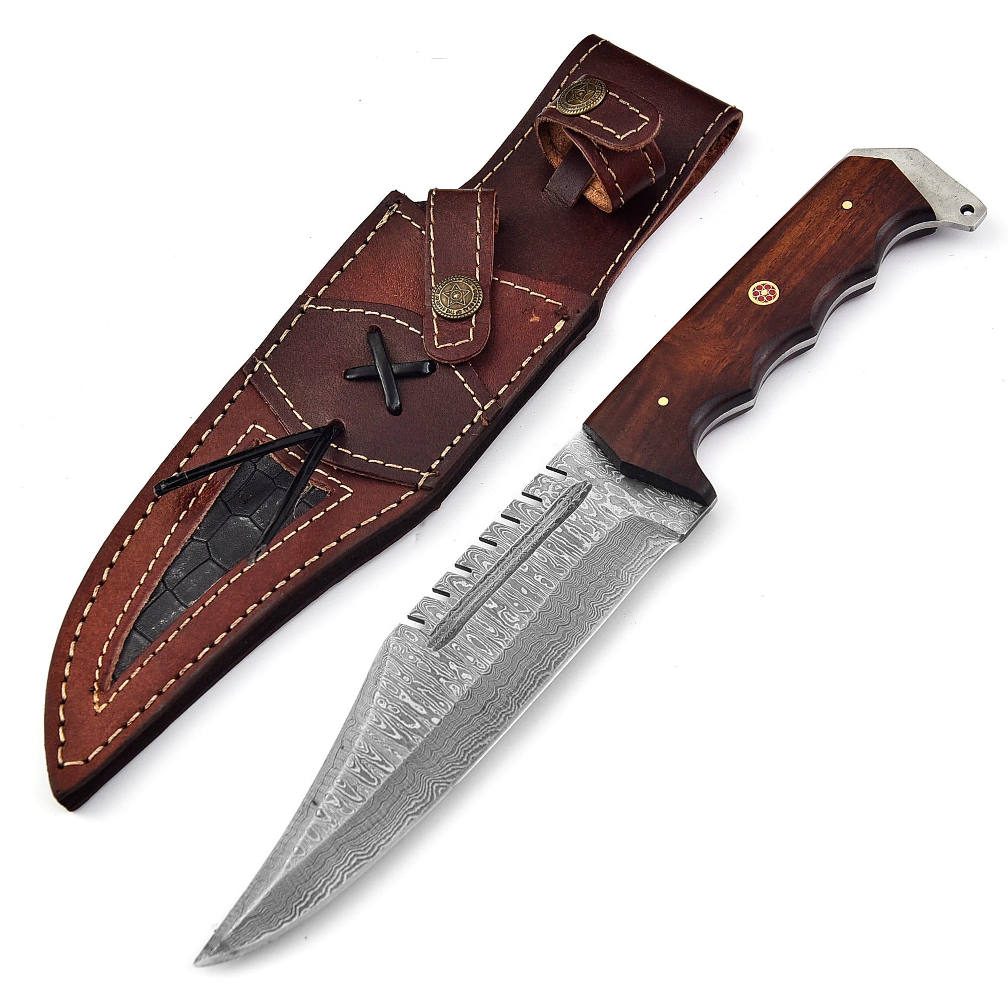 Custom Handmade Damascus Steel Fixed Blade Bowie Hunting Knife Leather ...