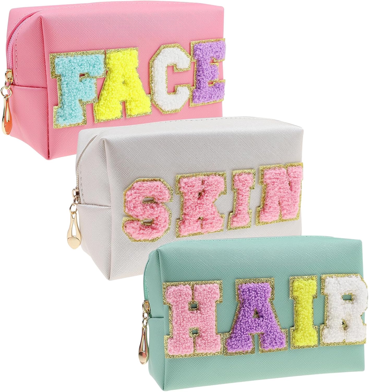 3 Pcs Preppy Patch Makeup Bag, Travel Cosmetic Bag with Chenille Letter ...