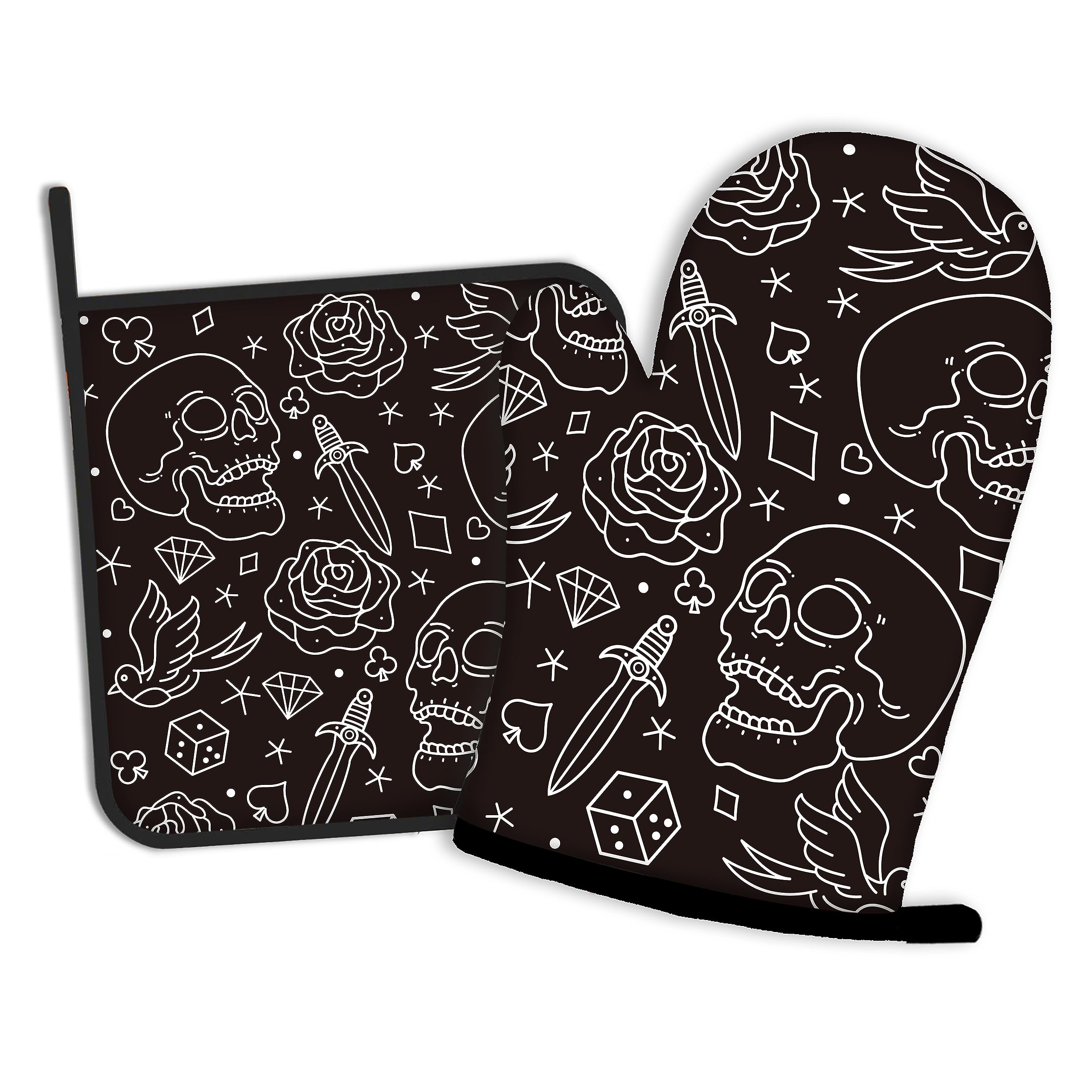 Amazon.com: Skull Head with Rose Oven Mitts and Pot Holders Kitchen ...