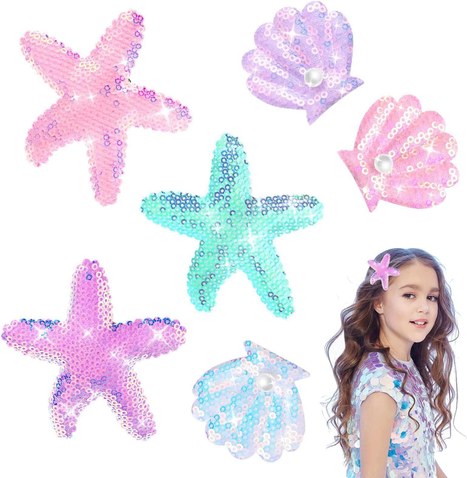 Amazon.com : Amabro 6PCS Shell Starfish Hair Clip Set Glitter Pearls ...