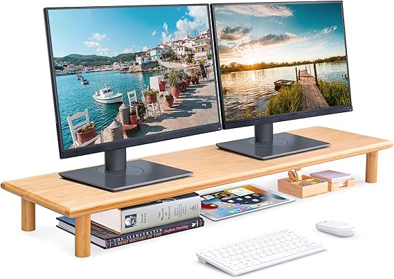 Amazon.com: Bamboo Dual Monitor Shelf for 2 Monitors, ROCDEER Monitor ...
