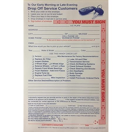 Amazon.com : Key Drop Off Envelope for Auto Service Repair AP-EDO-7170 ...