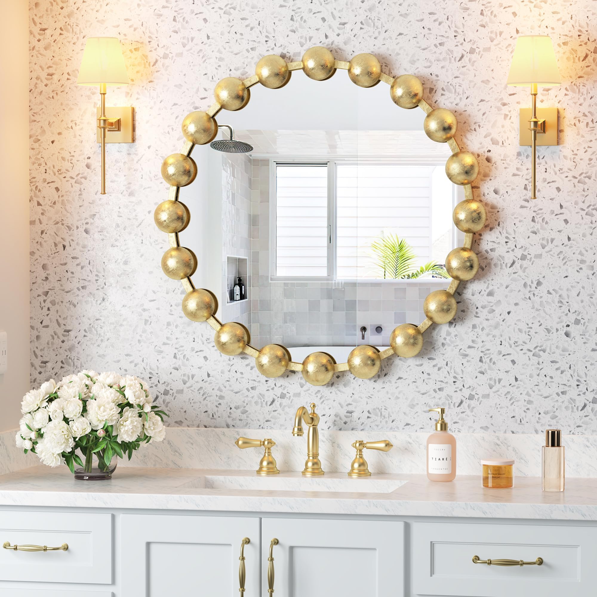 Amazon.com: Jesantab 32" Round Gold Wall Mirror, Wooden Spherical Frame ...