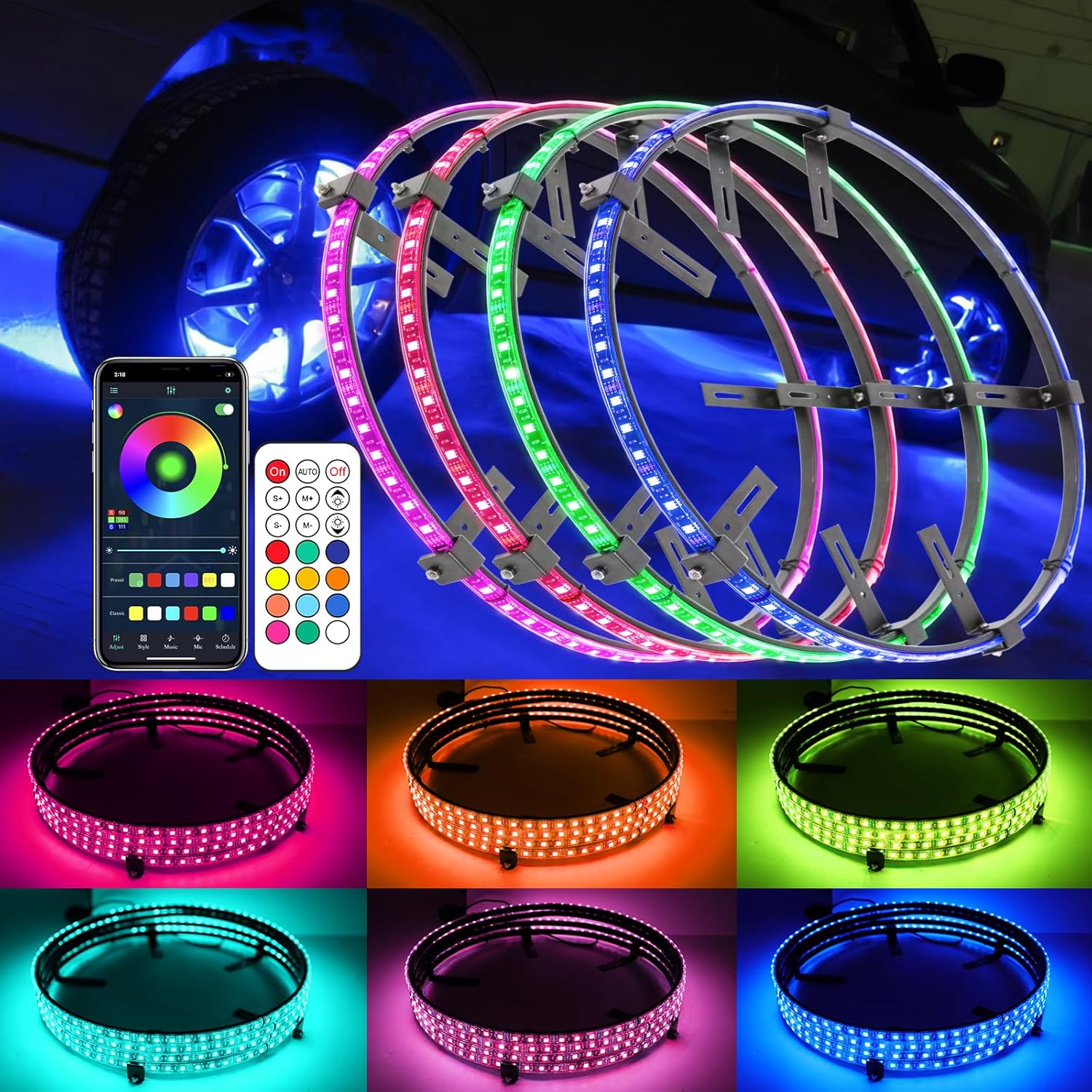Amazon.com: DEERMOTO 4PCS 17.5inch RGB LED Wheel Rim Lights with ...