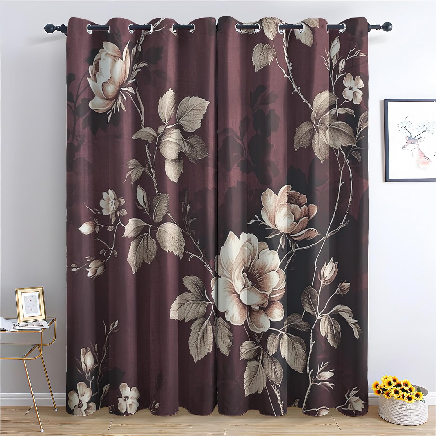 Amazon.com: WjValkyr Floral Burgundy Window Curtains,Vintage Flower ...