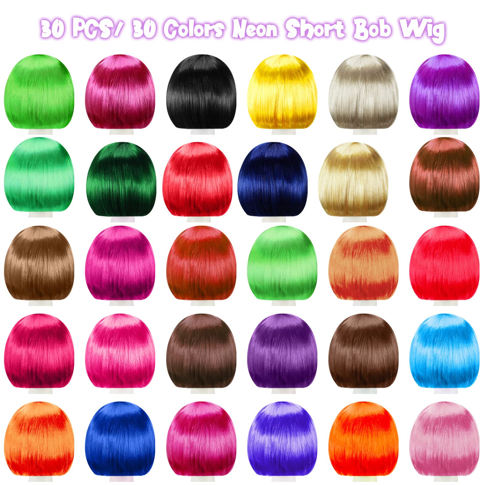 60 Pieces Party Wigs and Sunglasses Set, Neon Short Bob Wig Party Wigs ...