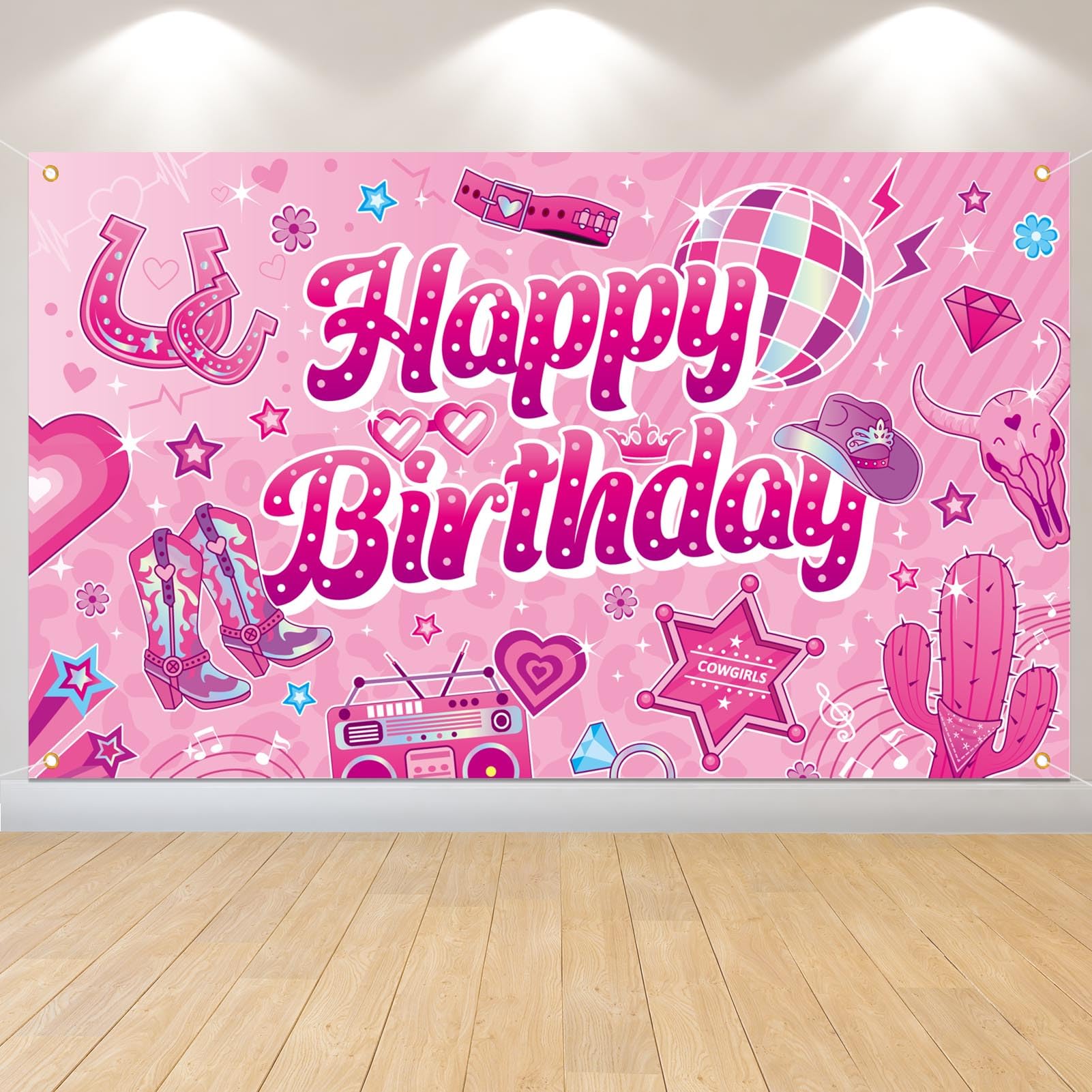 Qpout Disco Cowgirl Happy Birthday Backdrop Pink Preppy Disco Cowgirl ...