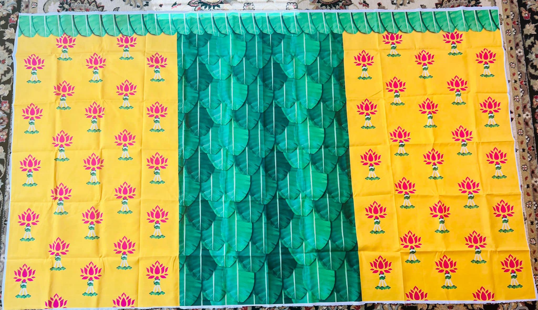 Buy Indian Pooja Cloth Backdrop Pictures Banana Leaf - Lotus Marigold ...