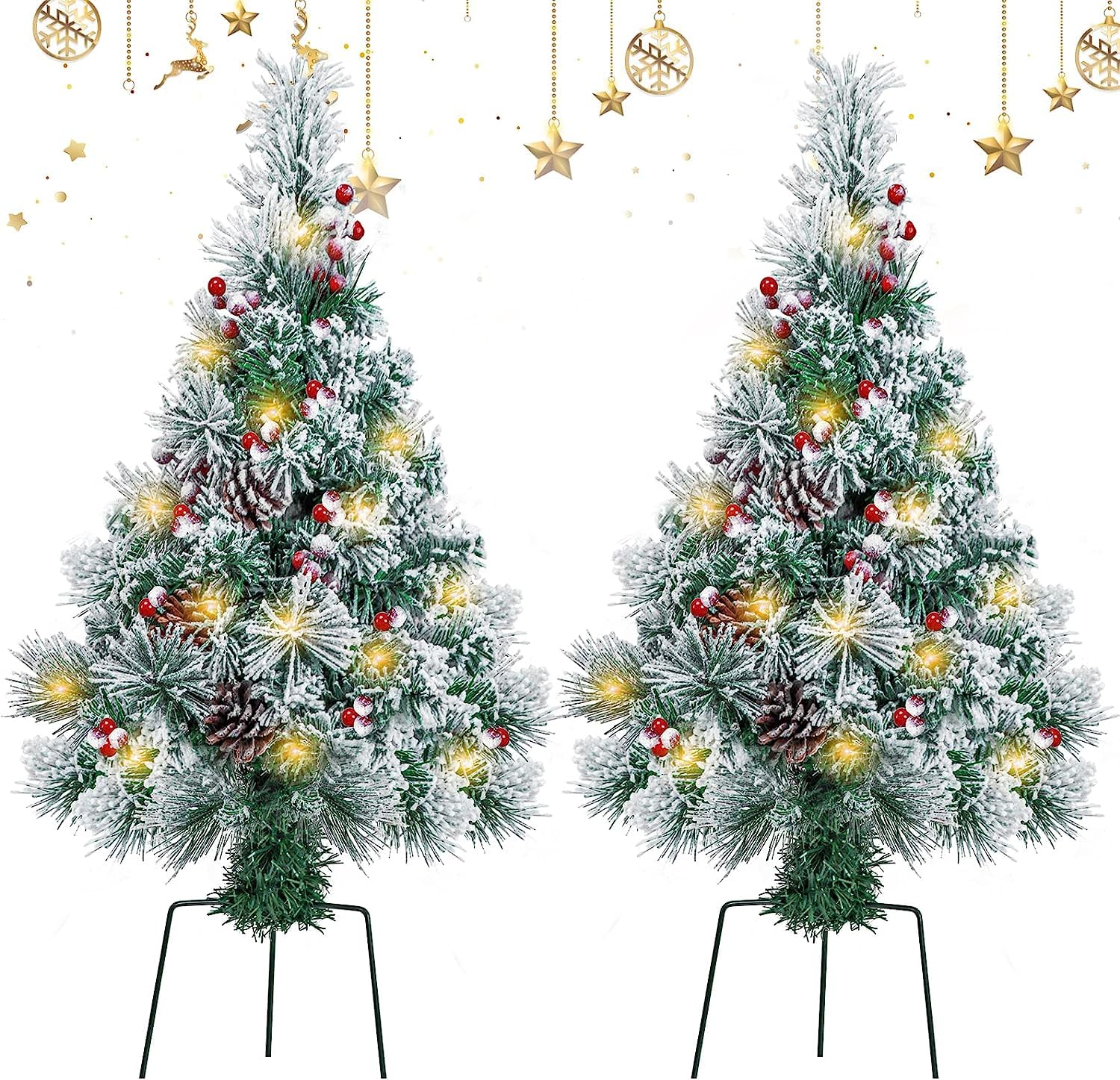 2 Pack Pre lit Pathway Christmas Tree Outdoor, 2.5FT Flocked Xmas ...