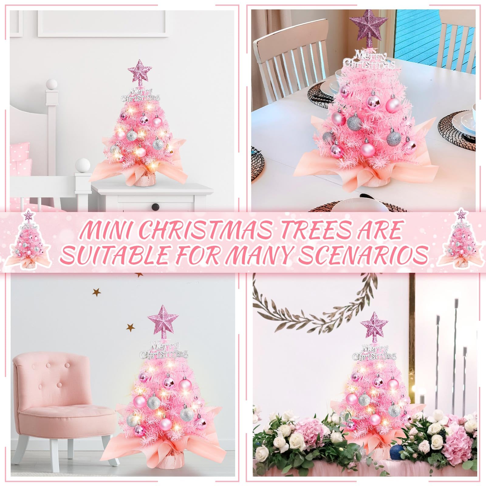 Syhood 2 Pack Mini Pink Christmas Tree Set Tabletop Christmas Tree ...